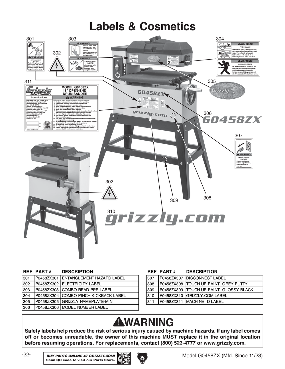 Parts for 18" 2 HP Open-End Variable-Speed Drum Sander - Grizzly ...