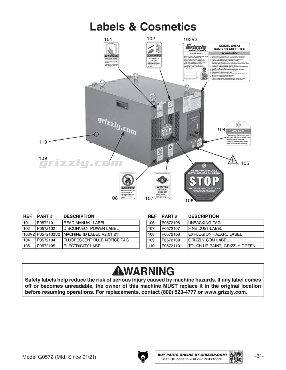 Parts for Hanging Air Filter w/ Remote - Grizzly Industrial, Inc.
