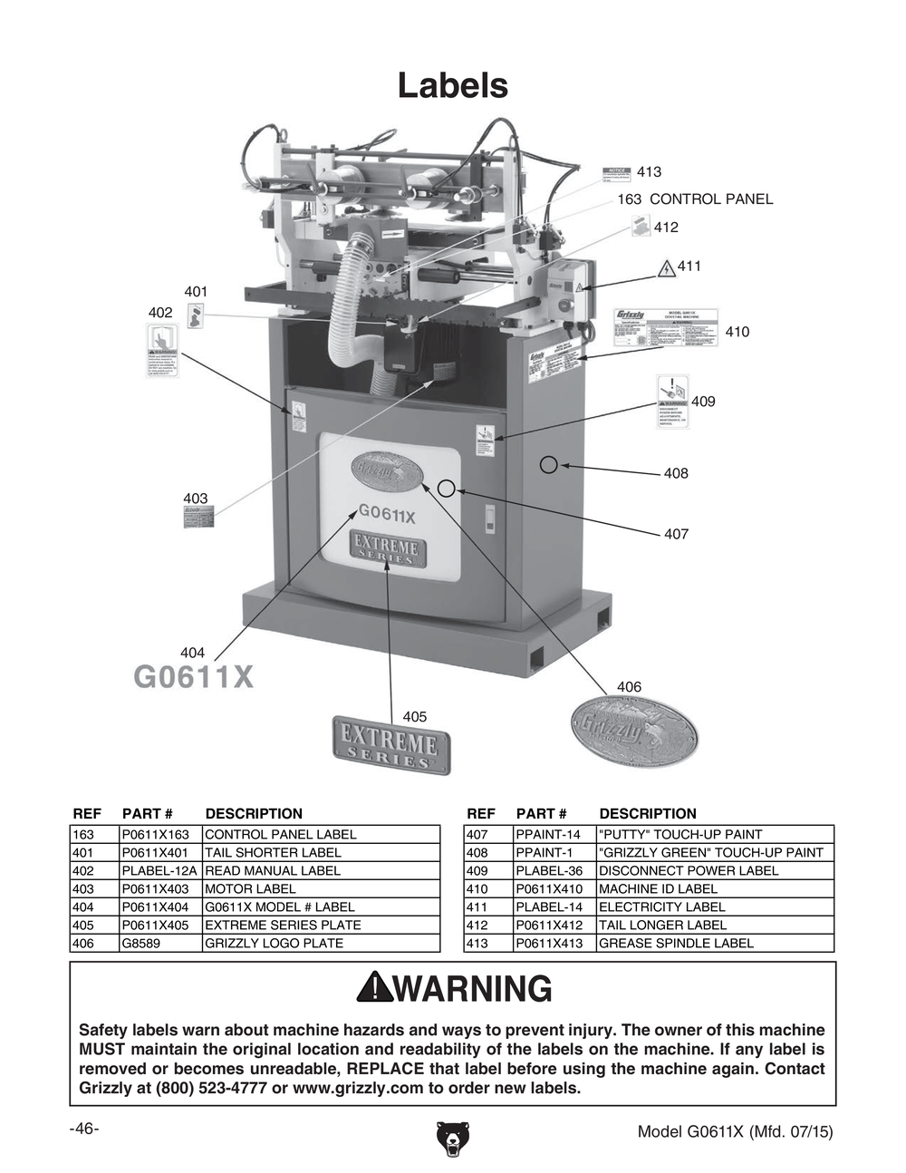 Parts for 16-1/2" Extreme Series Dovetail Machine - Grizzly Industrial ...