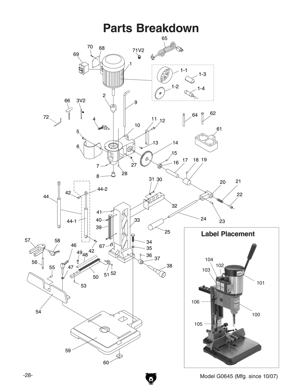 Parts for 1/2 HP Benchtop Mortising Machine - Grizzly Industrial, Inc.