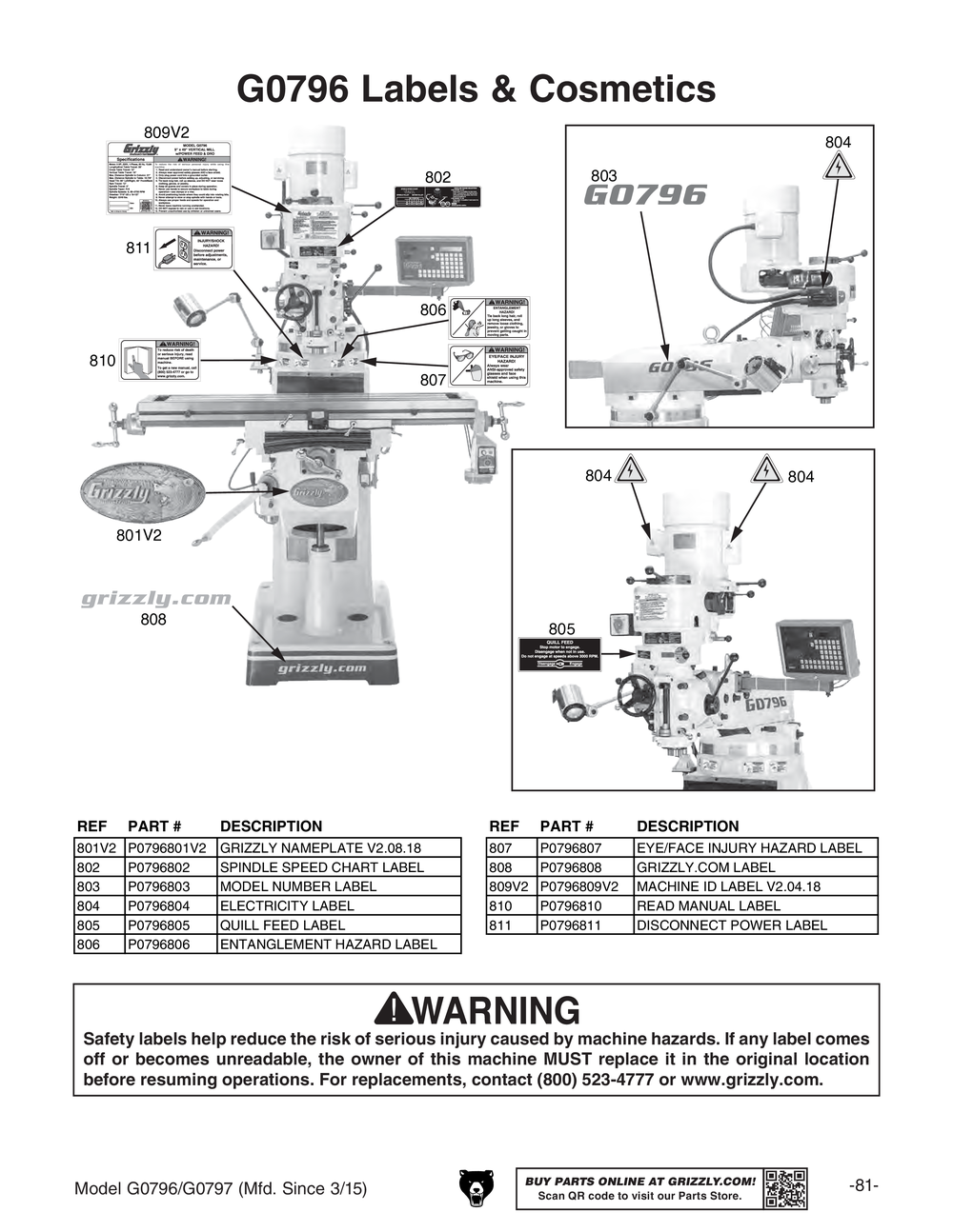 Parts for 9" x 49" Vertical Mill with Power Feed and DRO - Grizzly ...