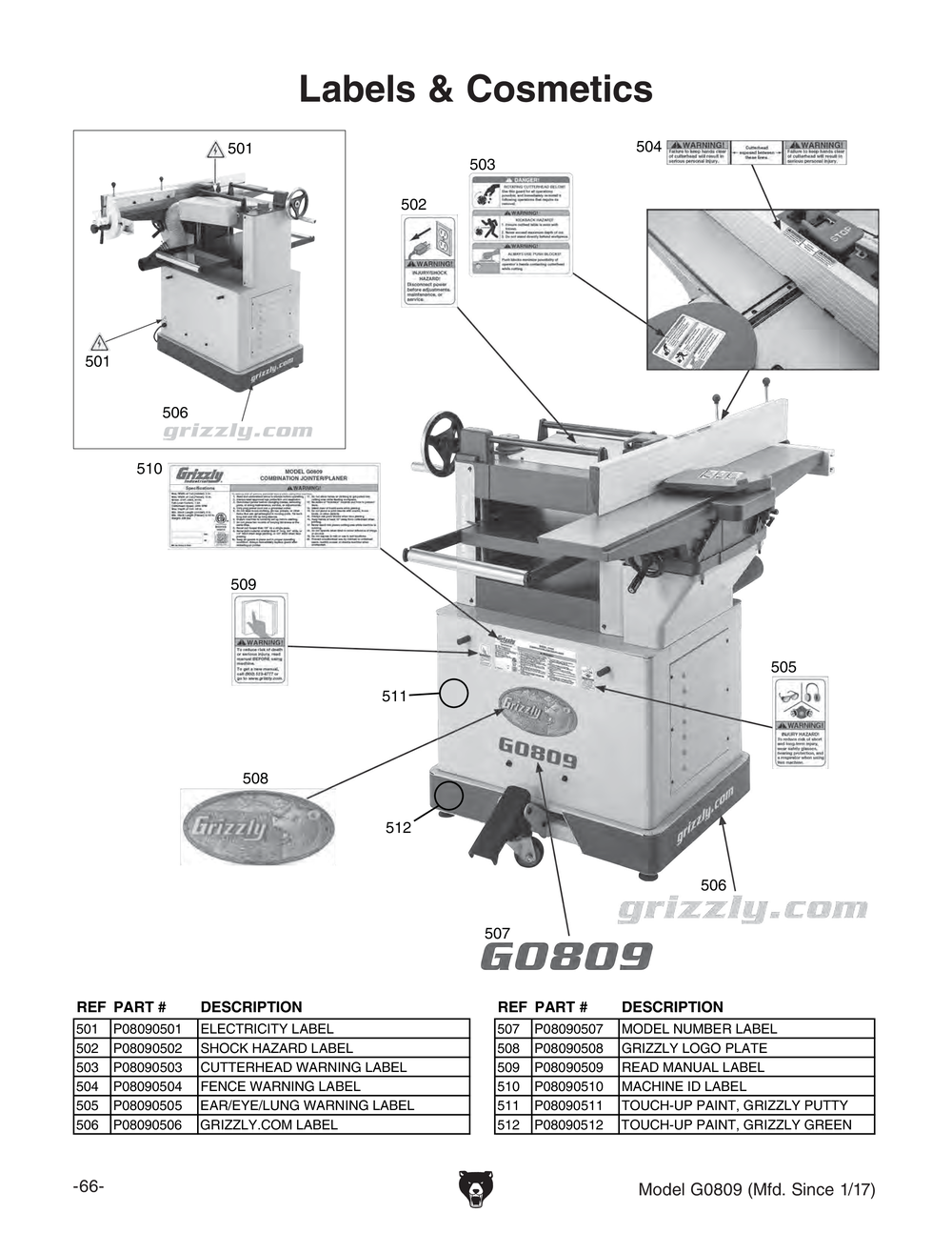 Parts for Combination Jointer/Planer with Fixed Tables - Grizzly ...