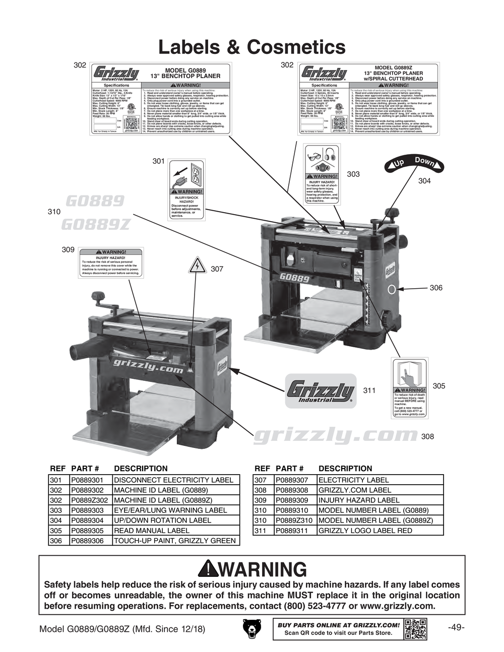 Parts for 13" 2 HP Benchtop Planer with Spiral Cutterhead - Grizzly ...