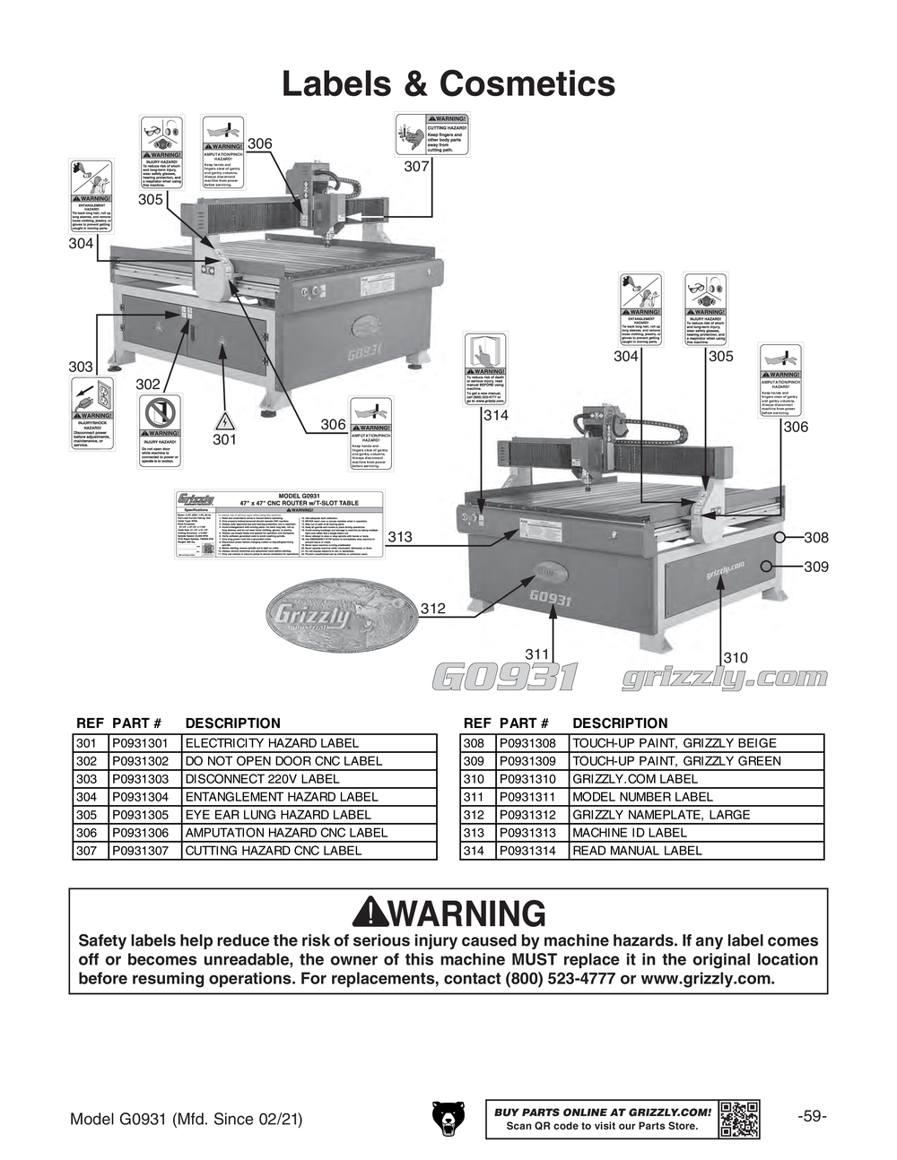 Parts for 47" x 47" CNC Router With T-Slot Table - Grizzly Industrial, Inc.