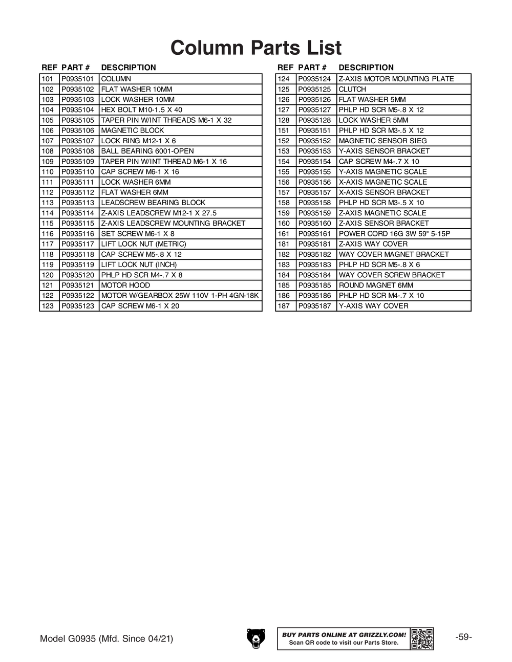 Parts for 7" x 29" 1-1/2 HP Mill/Drill w/ Power Head Elevation & DRO - Grizzly Industrial, Inc.