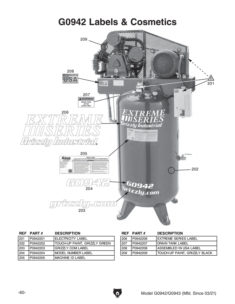 Parts for 80-Gallon 7.5 HP Extreme Series Air Compressor - Grizzly ...