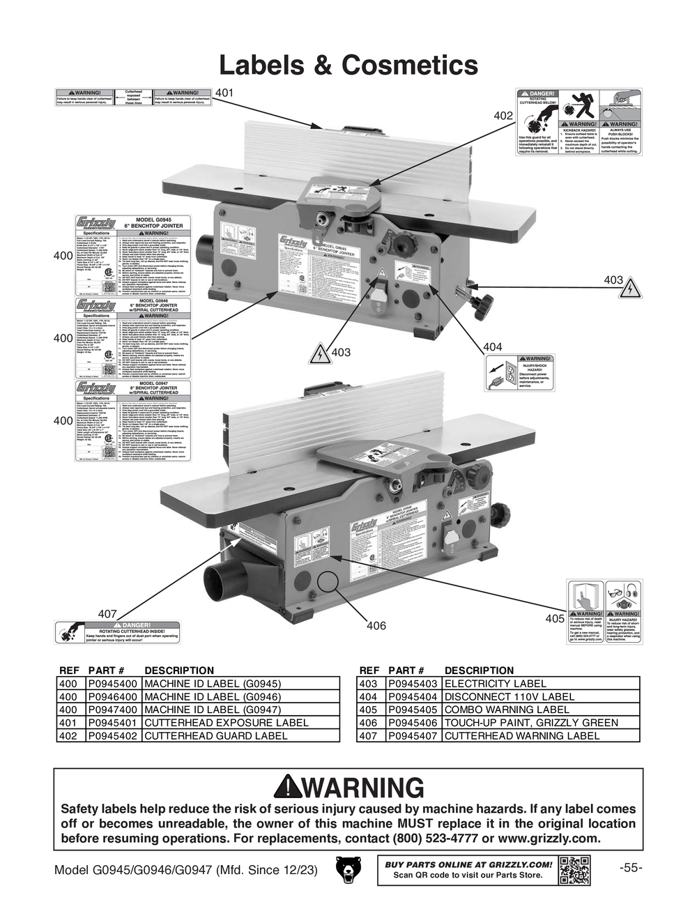 Parts for 8" Benchtop Jointer with Spiral-Type Cutterhead - Grizzly ...
