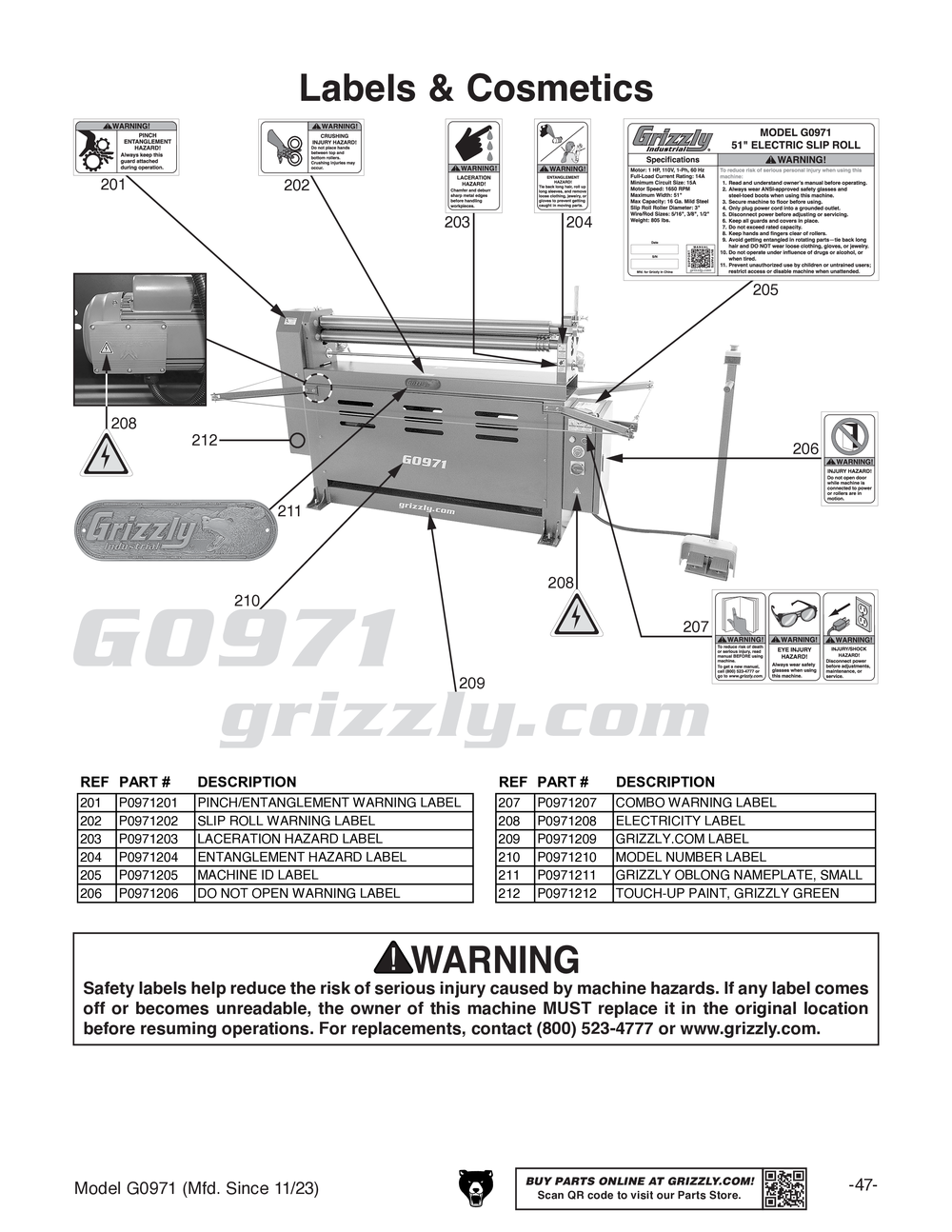 Parts for 51" Powered Slip Roll - Grizzly Industrial, Inc.