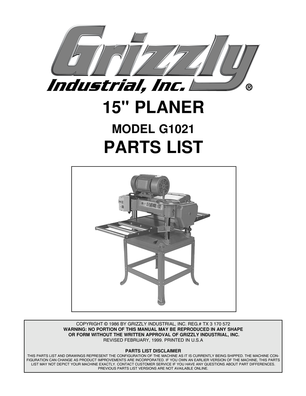 Parts for 15" Planer - Grizzly Industrial, Inc.