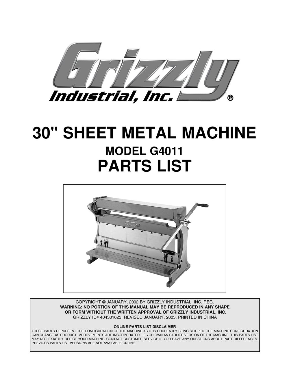 Parts for 30" Combination 3-in-1 Sheet Metal Machine - Grizzly ...