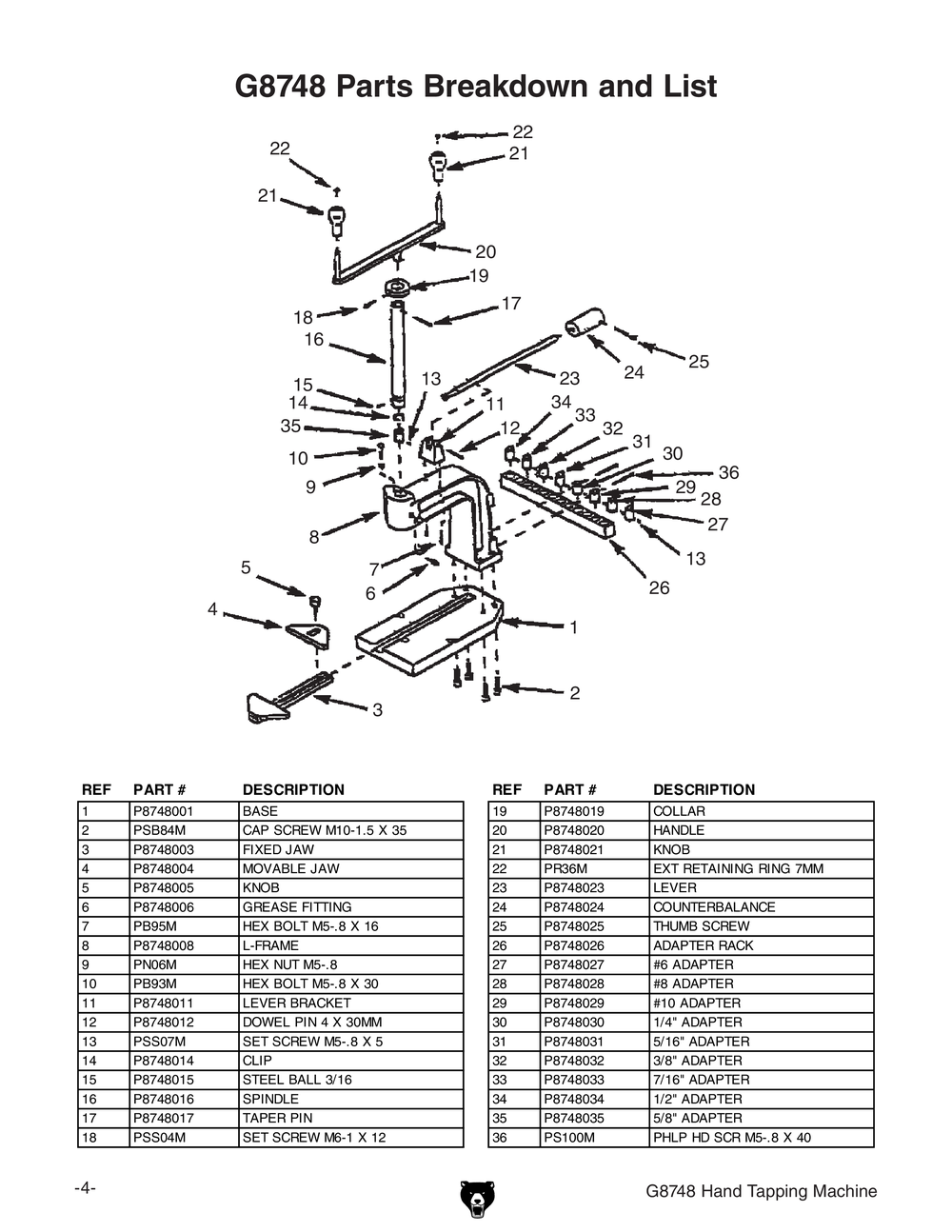 Parts for Hand Tapping Machine - Grizzly Industrial, Inc.