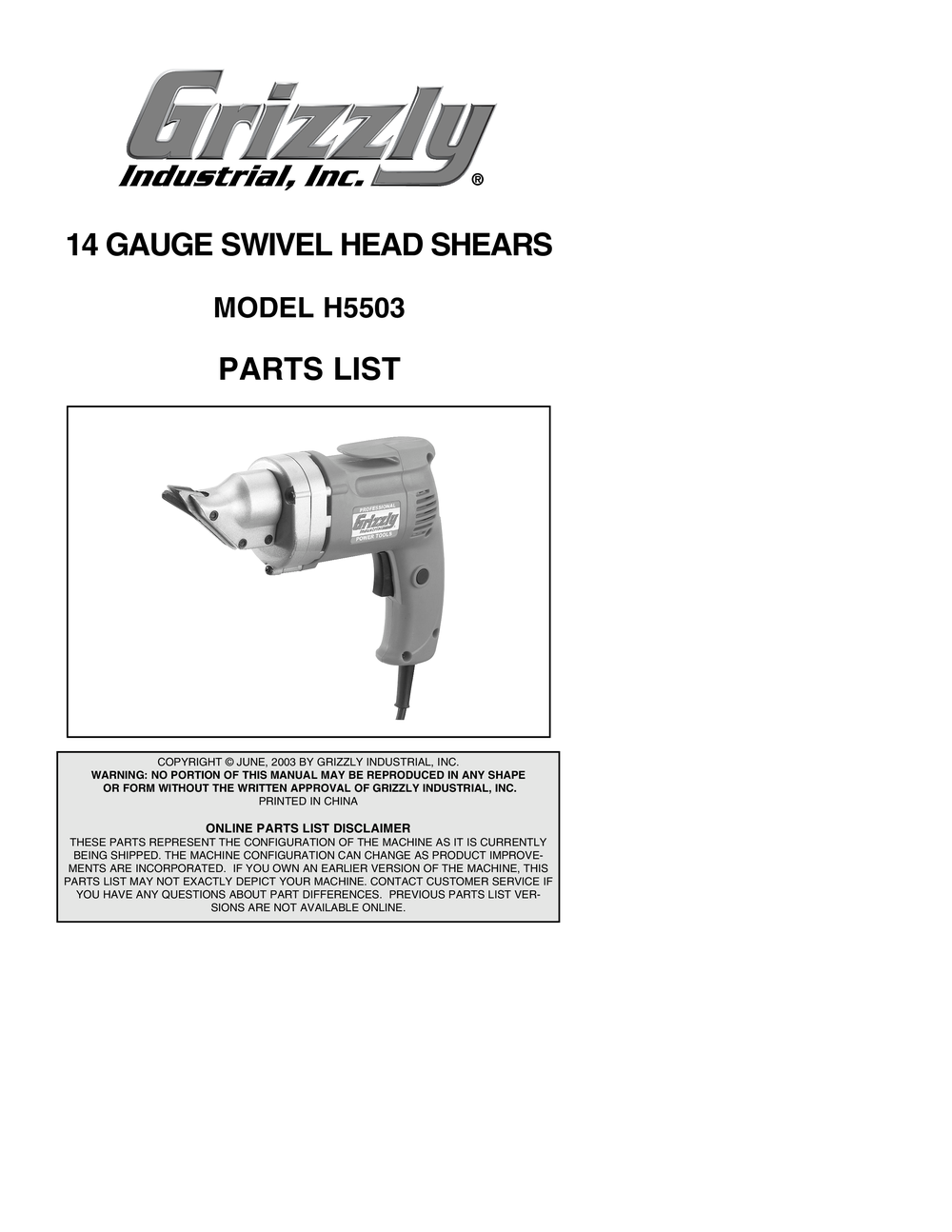 Parts for 1/2 HP Electric Sheet Metal Shear - Grizzly Industrial, Inc.