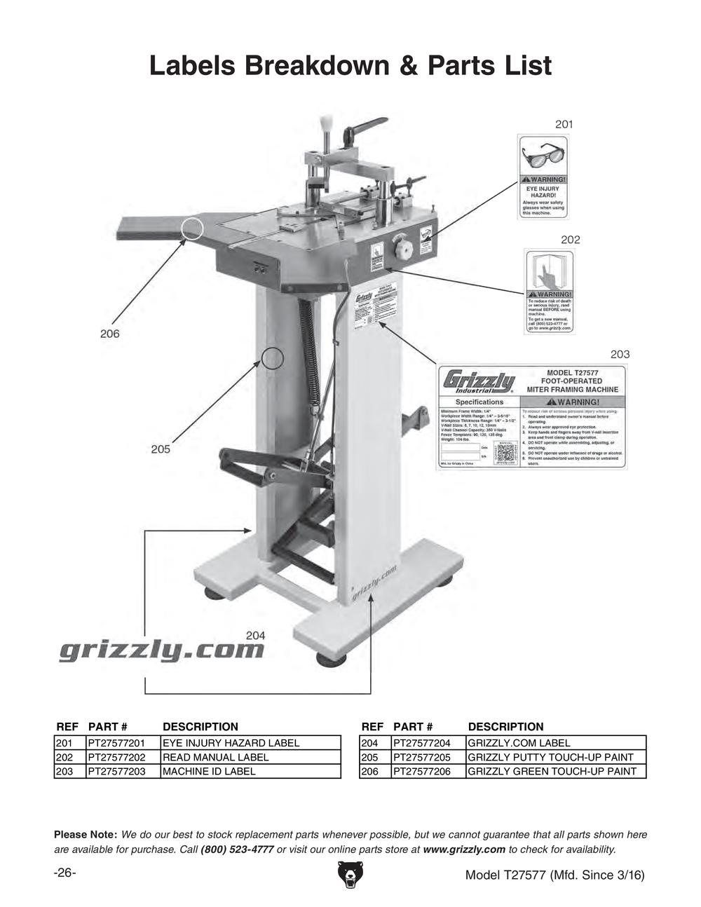 Parts for Picture Framing Machine / Underpinner - Grizzly Industrial, Inc.
