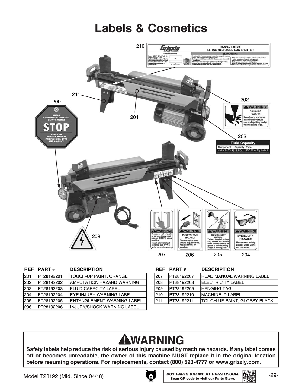 Parts for 6.5-Ton Log Splitter - Grizzly Industrial, Inc.