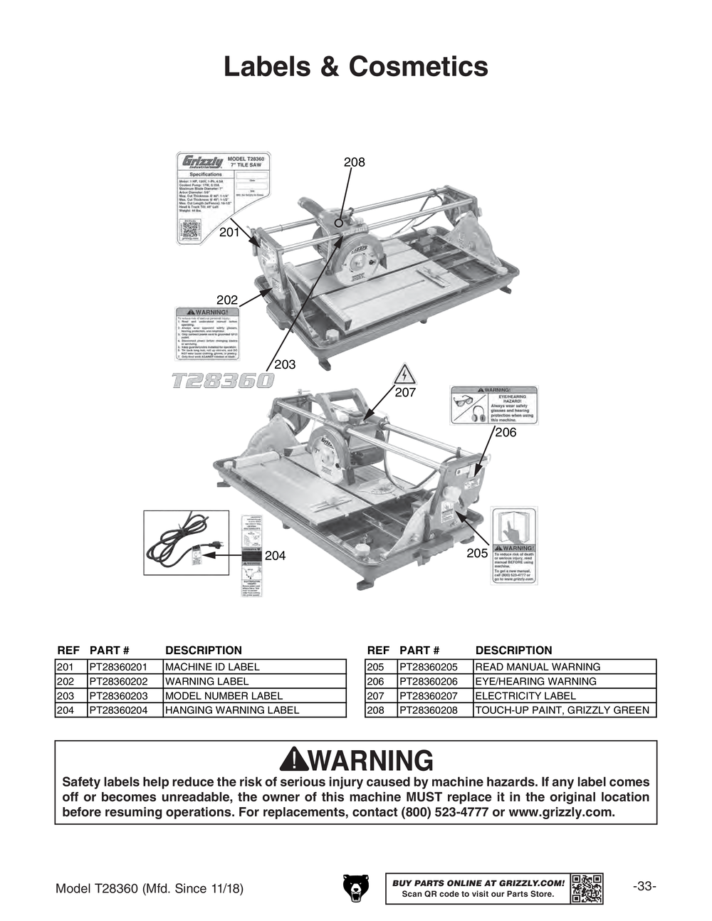 Parts for 7" Overhead Wet-Cutting Tile Saw - Grizzly Industrial, Inc.