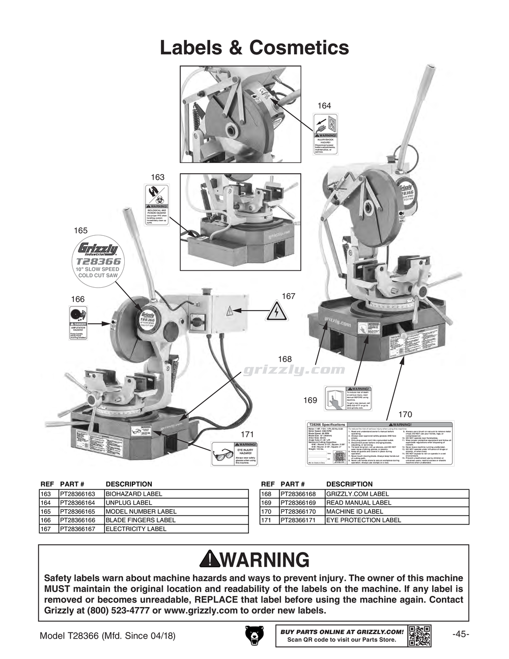 Parts for 10" Slow-Speed Cold-Cut Saw - Grizzly Industrial, Inc.