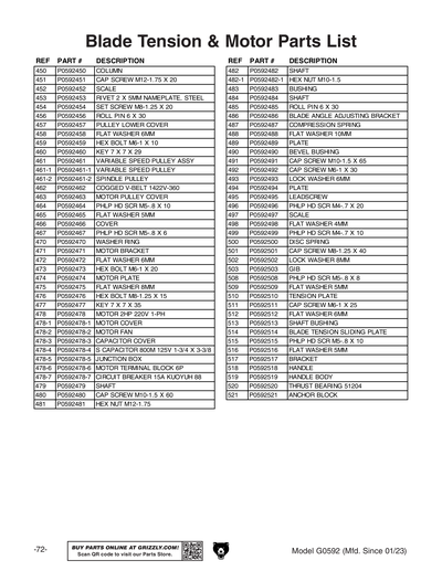 Parts for G0592 10" x 18" 2 HP Metal-Cutting Bandsaw - Grizzly ...