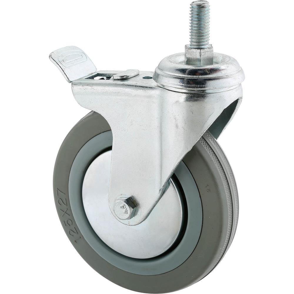 5" Gray Rubber Swivel Caster w/ Double Brake, Threaded - Grizzly Industrial