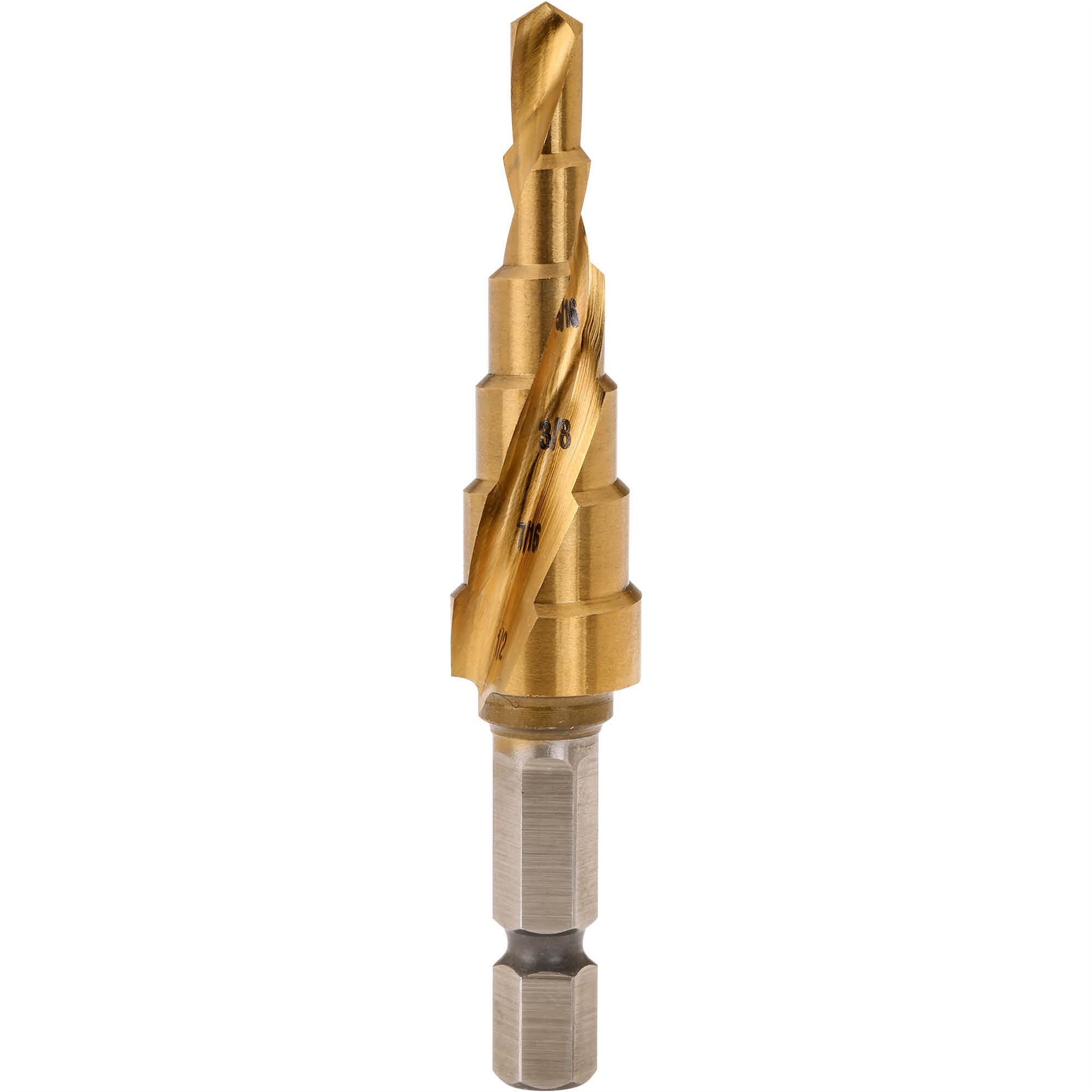 Step Drill Bit 3 16 To 1 2 TiN Coated By 16ths 5 Steps Hex Shank At Step Drill Bit 3 16 To 1 2 TiN Coated By 16ths 5 Steps Hex Shank At